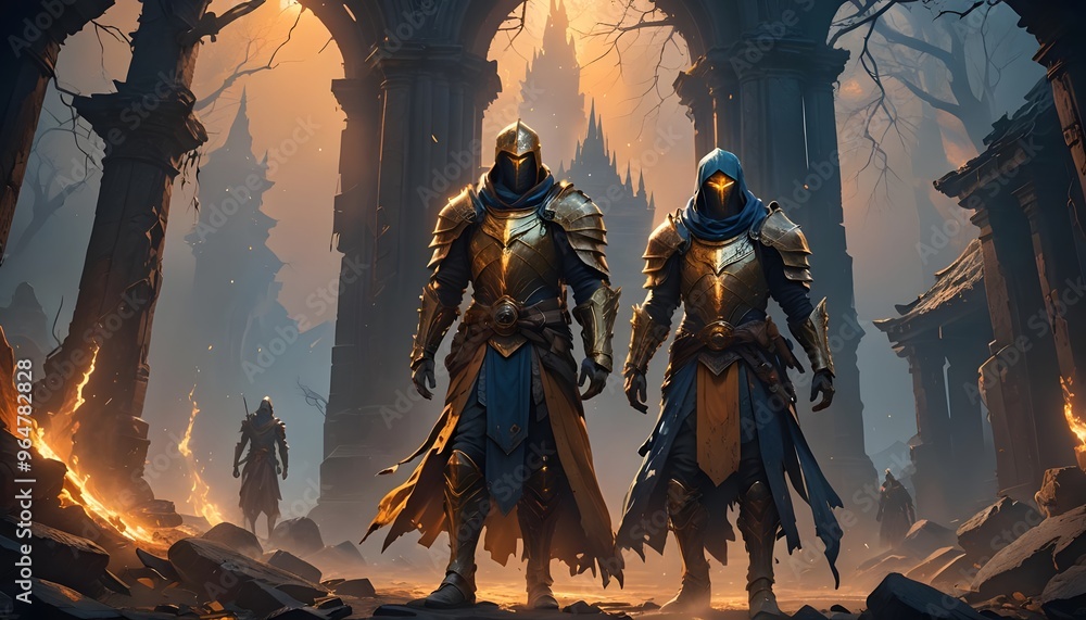 This image portrays two epic knights in armor, standing amidst a ruined ...