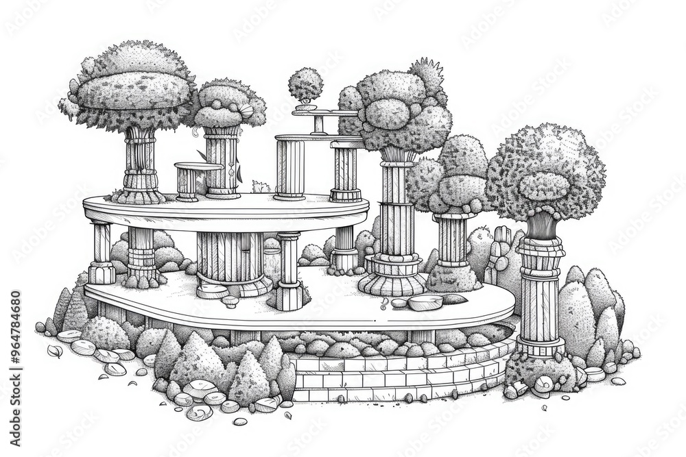Coloring book illustration of a display platform for a promotional ...