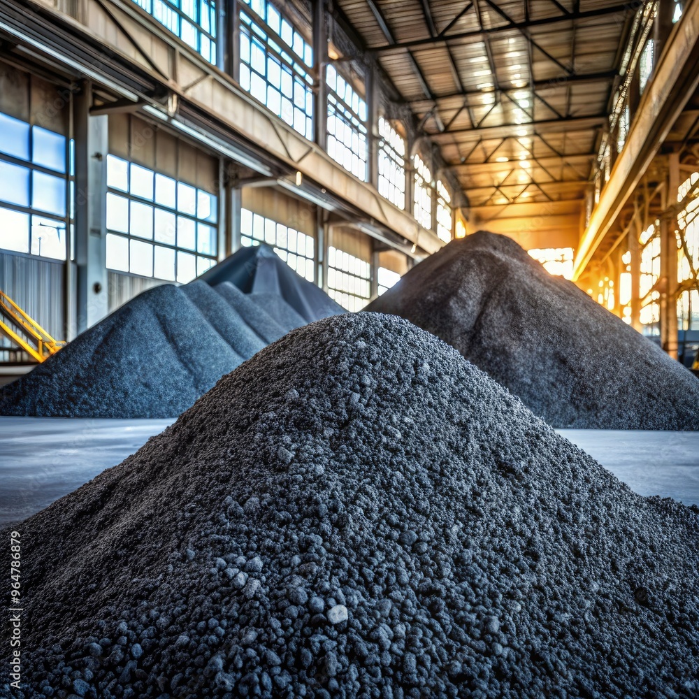 Granular petroleum coke piles in an industrial setting during daylight ...