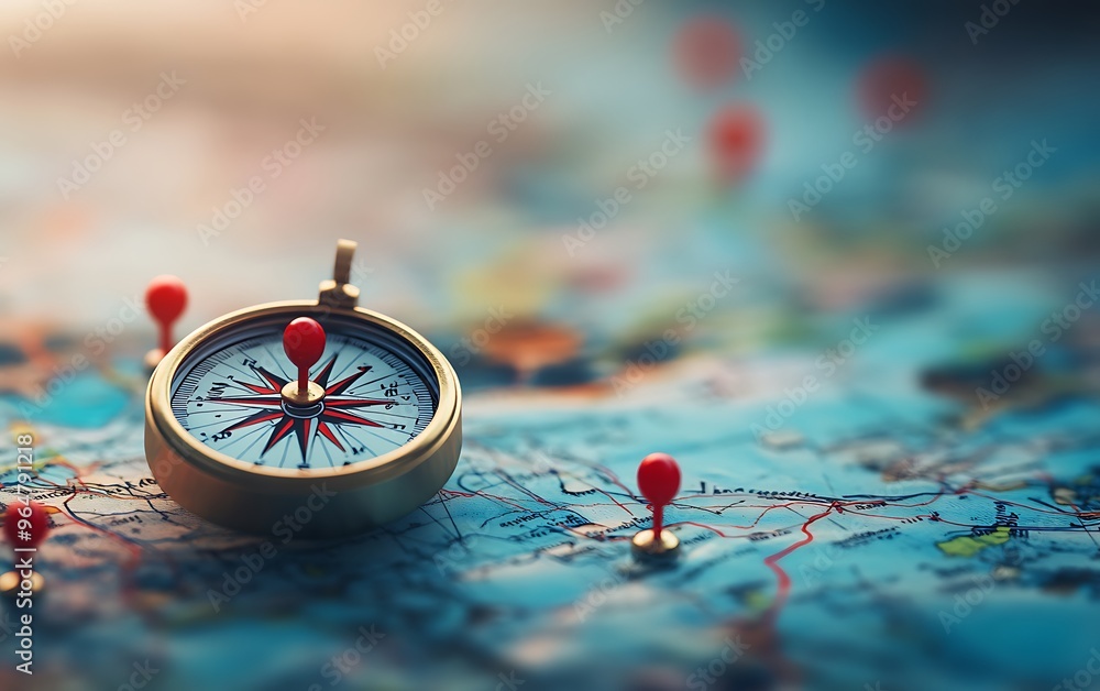A detailed compass with red pins on a map, with a background of ...