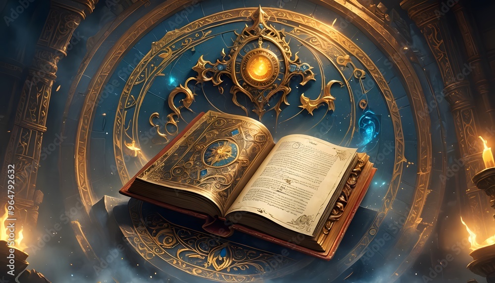 An ancient magical book with glowing pages and mystical symbols ...