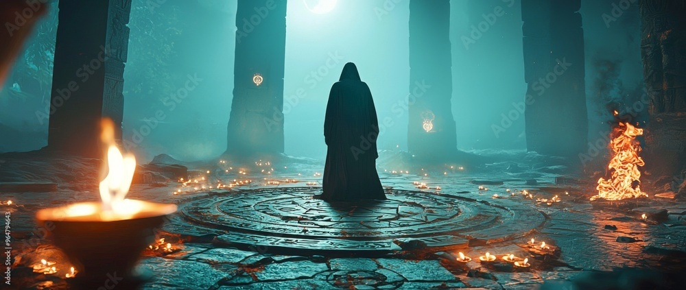 In an ancient temple lit by dimly burning incense, a hooded figure ...