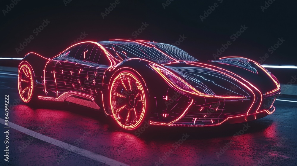 Self-driving car on futuristic highway with illuminated paths guiding ...