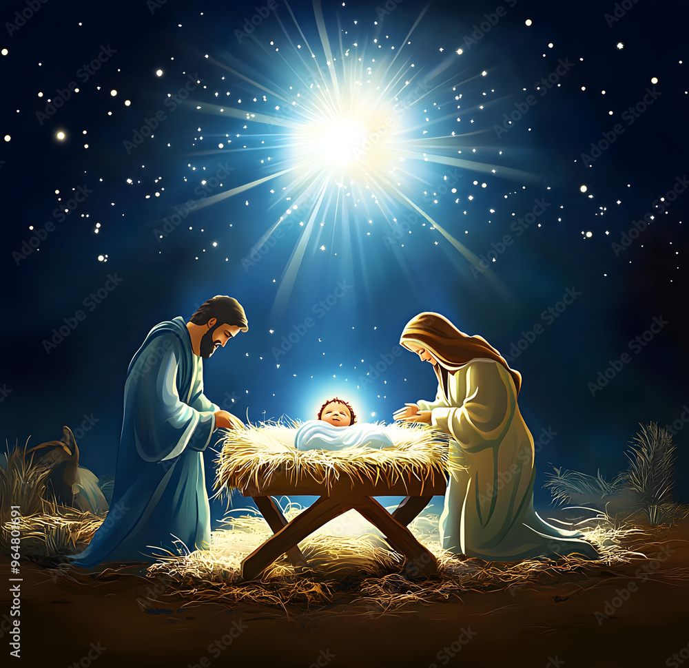 Christmas nativity scene of born child baby Jesus Christ in the manger ...