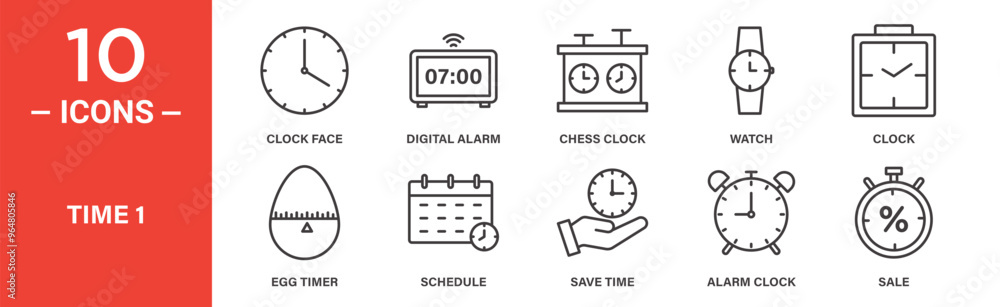 Time icon set. Clock face, digital alarm, chess clock, watch, clock ...