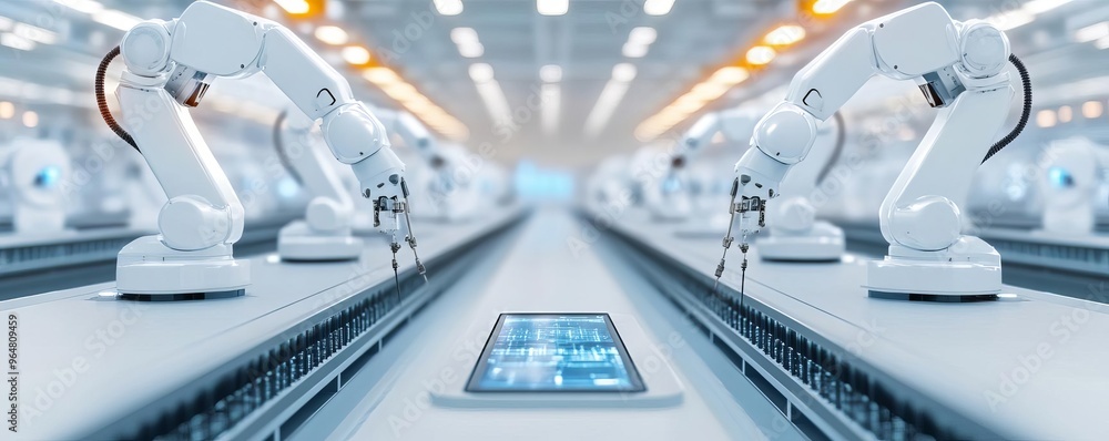 Smart factory robotics, digital assembly line, holographic control ...