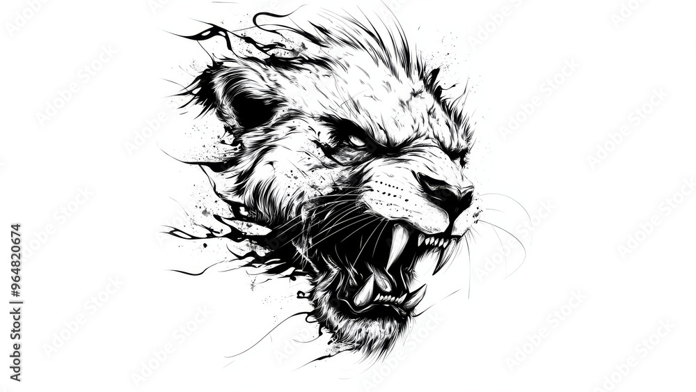 ink drawing of half a face of an aggressive animal, vector, tattoo ...