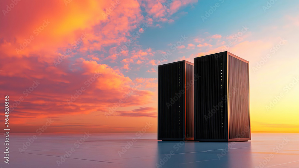 Virtualized server clusters in a grid, floating above a digital ...