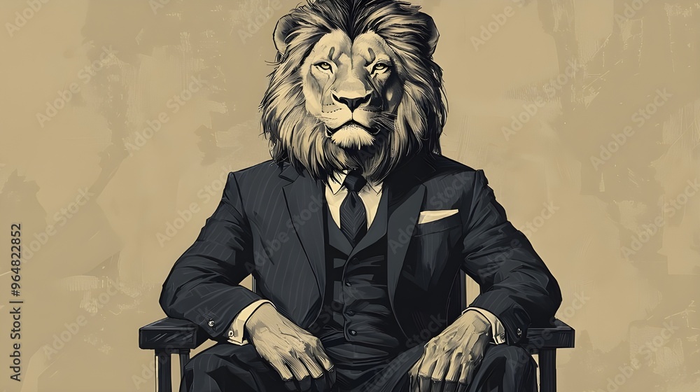 A sophisticated and whimsical illustration featuring a lion dressed in ...