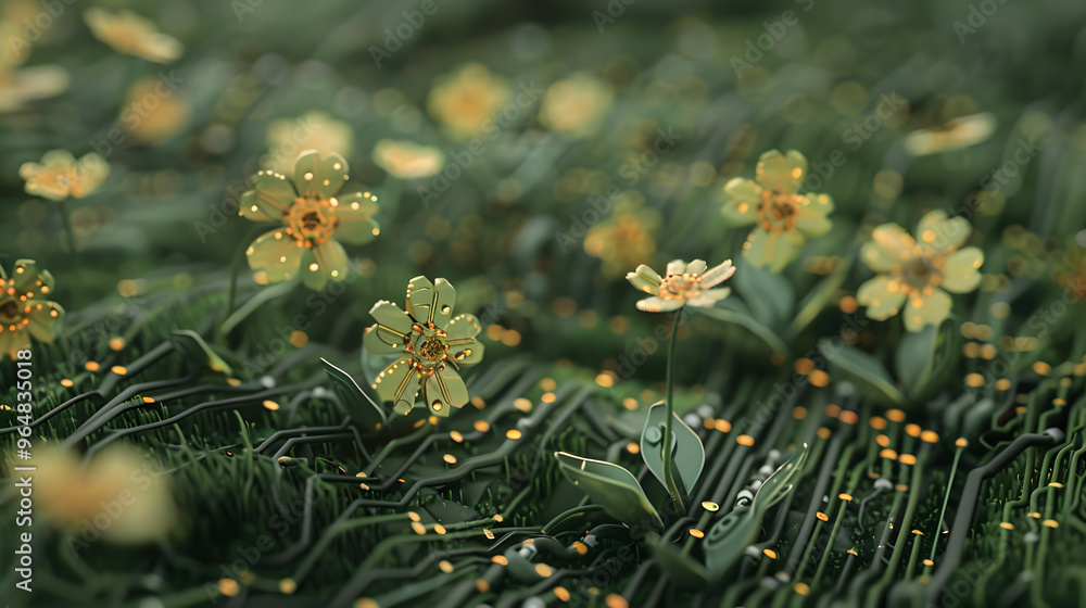 Meadow of flowers with petals made of tiny solar cells and grass blades ...