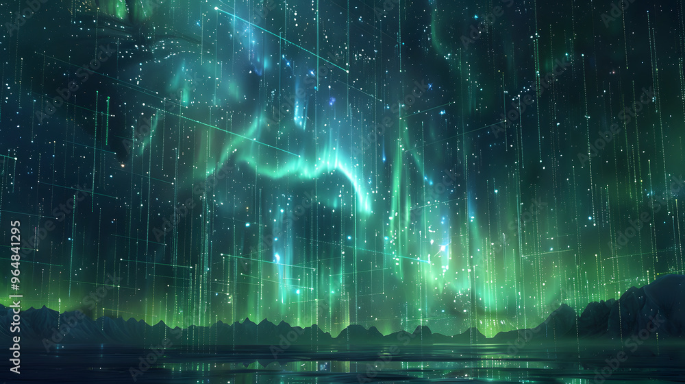 Northern lights display where auroras form into floating GUI interfaces ...