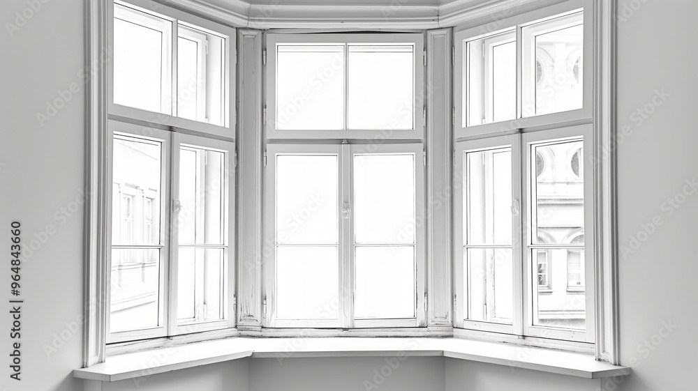 Large bay window with white frames in a bright room. Natural light ...