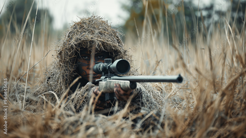 Sniper in ghillie suit aiming rifle while camouflaged in tall grass ...