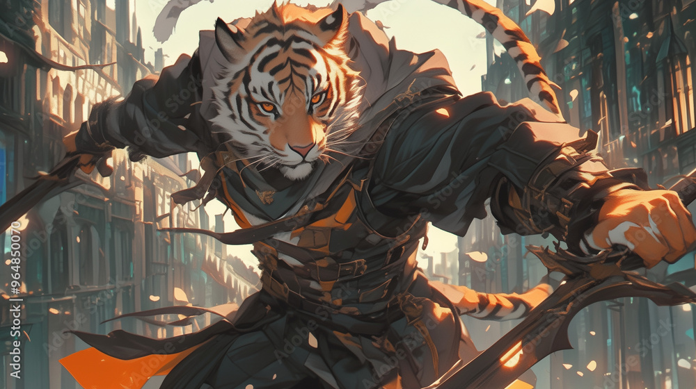 ferocious tiger beastfolk warrior gripping dual swords in an intense ...