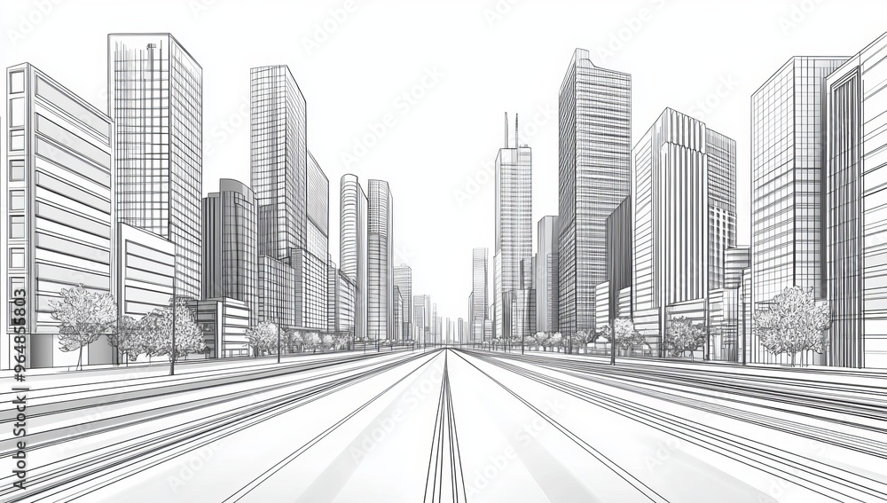 The urban architecture of a city as portrayed in a line art style in a ...