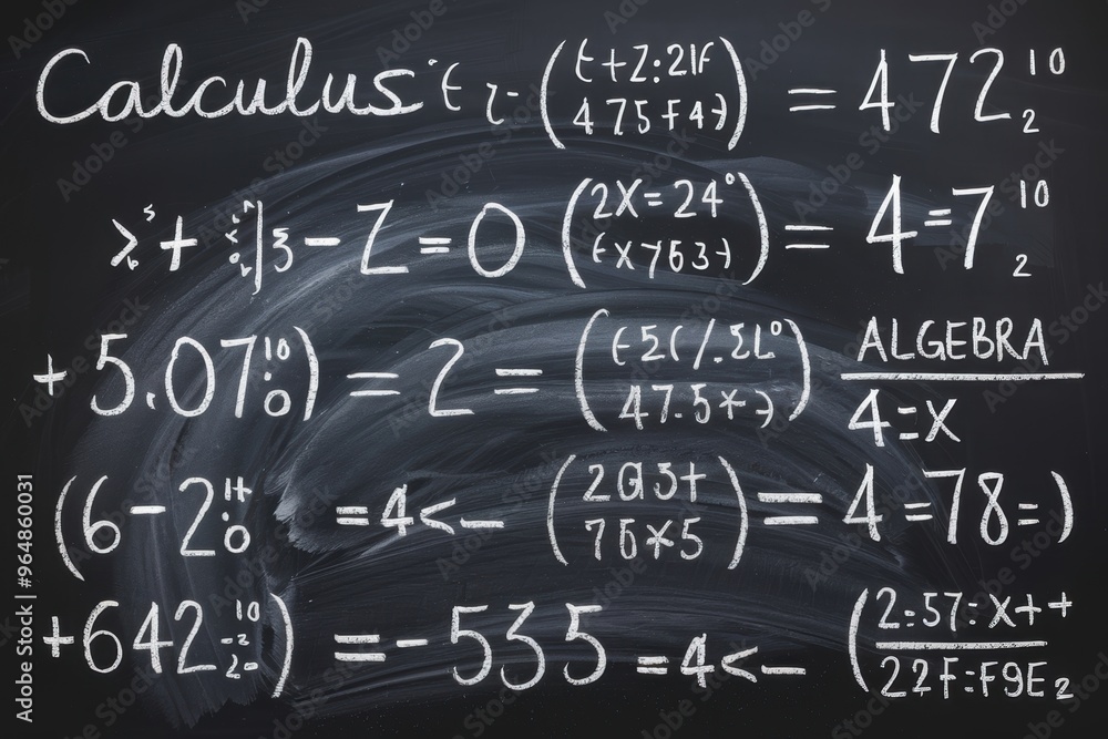 Math equations in white chalk on dark chalkboard background, focusing ...