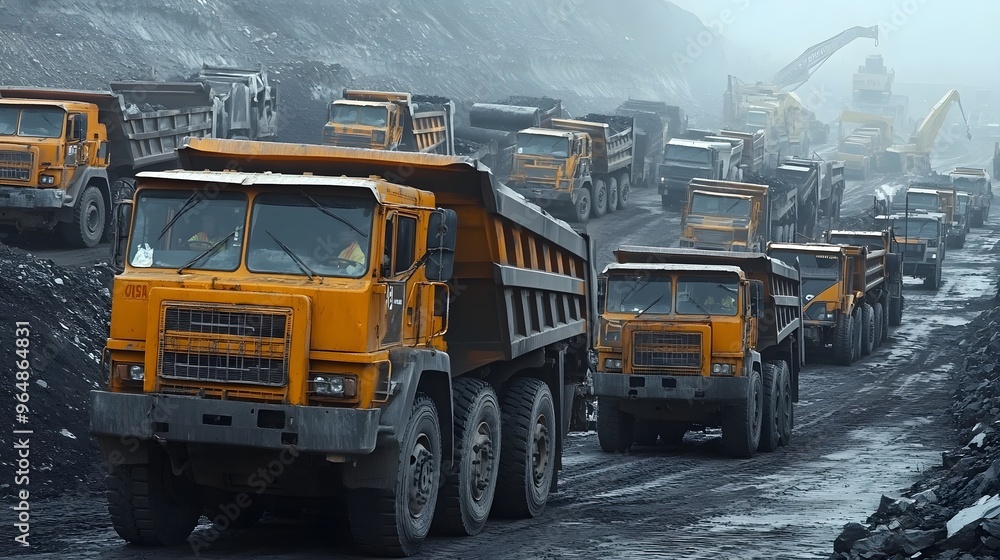 Multiple giant trucks lined up in a mining yard, ready to transport ...