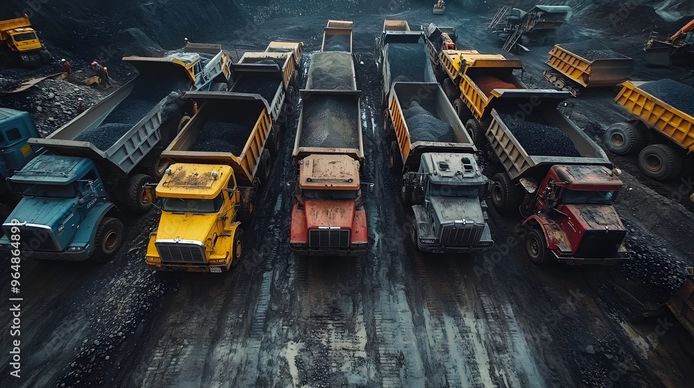 Multiple giant trucks lined up in a mining yard, ready to transport ...