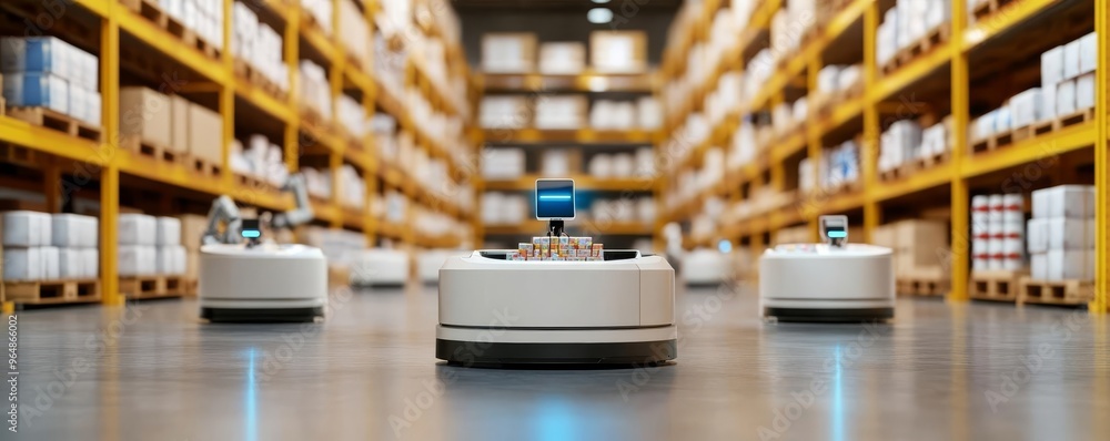 Warehouse robots scanning and sorting products based on AI ...