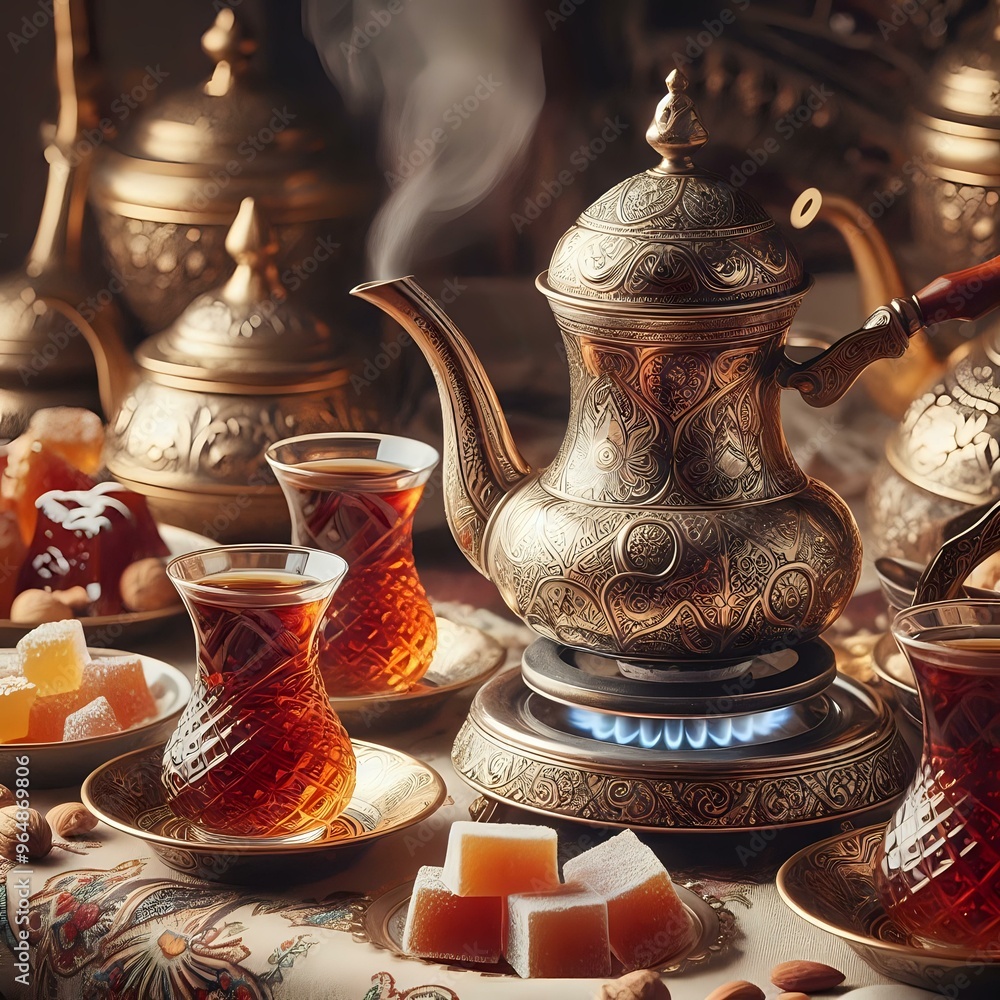 Traditional Turkish tea and coffee set with antique metal pots and cups ...