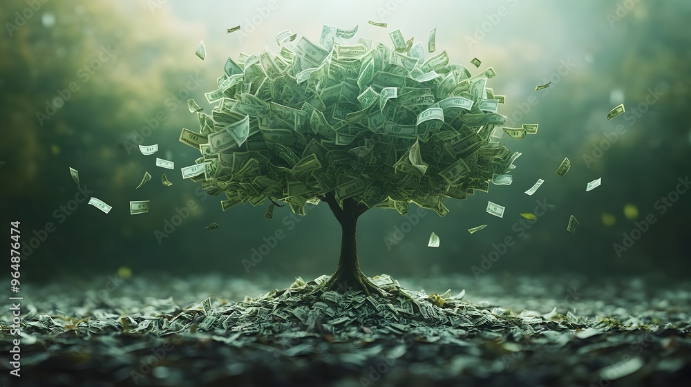 A tree with green leaves made of dollar bills, sprouting from the ...