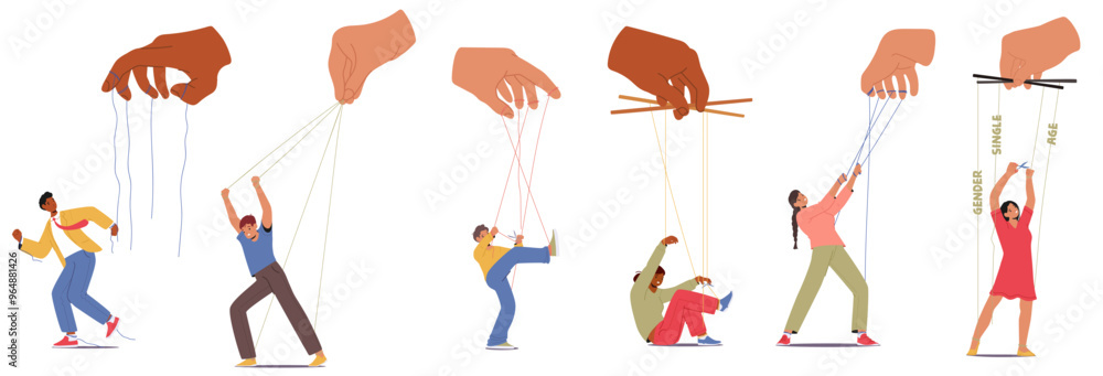 Cartoon Vector Illustration Of Characters Breaking Free From Puppet ...
