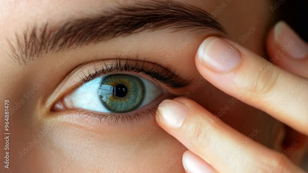 photograph of Closeup of young European woman pointing to the wrinkles ...