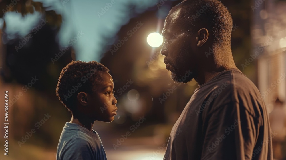 An African Father Towers Over His Son with a Stern Expression ...