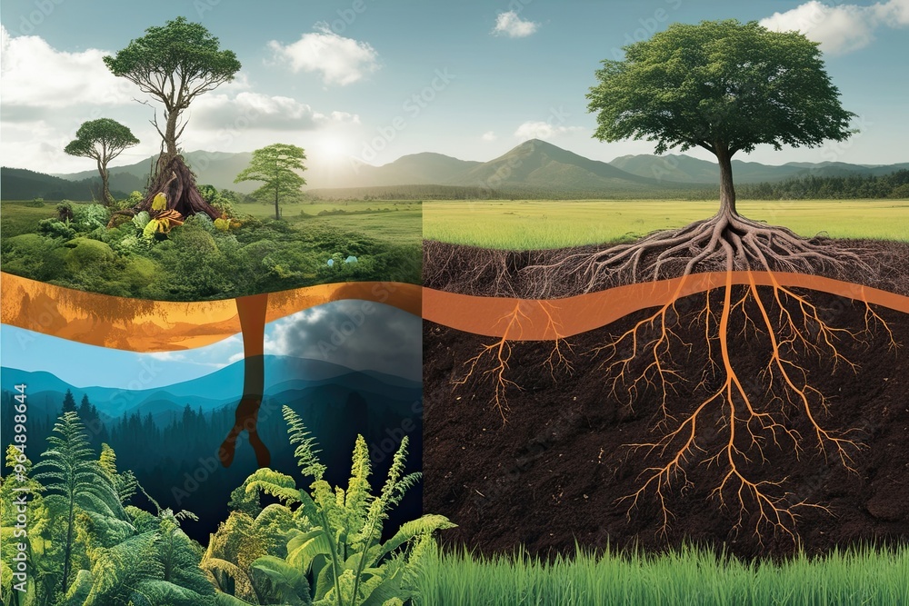ภาพประกอบสต็อก Exploring Thriving Ecosystems and Depleted Soils for ...