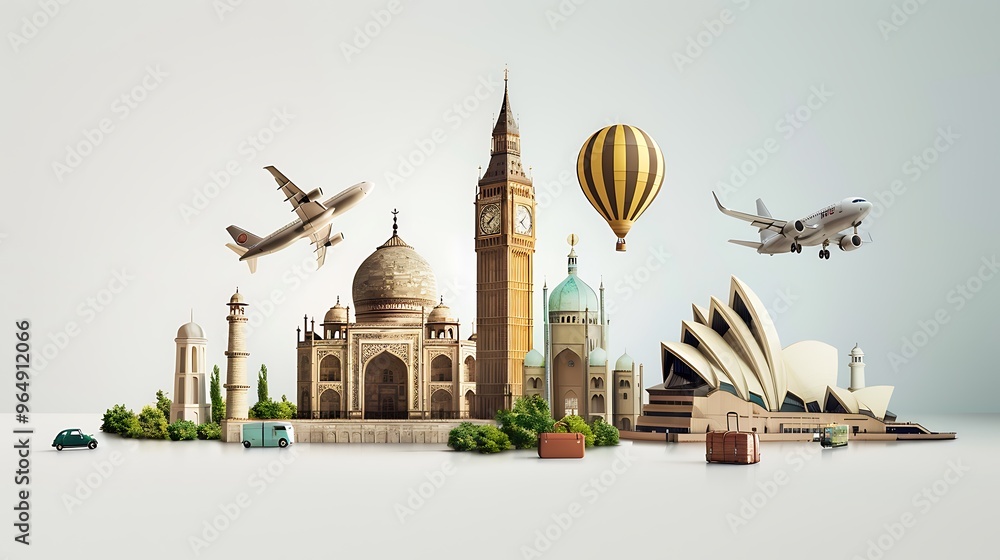 Create a vivid composite image with iconic landmarks such as the ...
