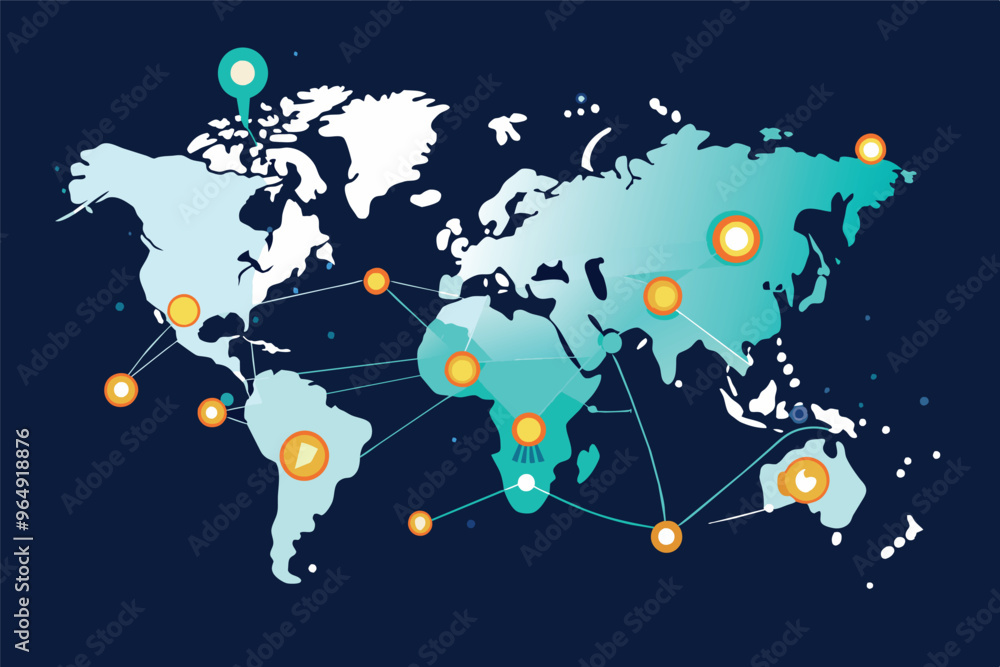 Global connections illustrated on a stylized map showcasing major ...