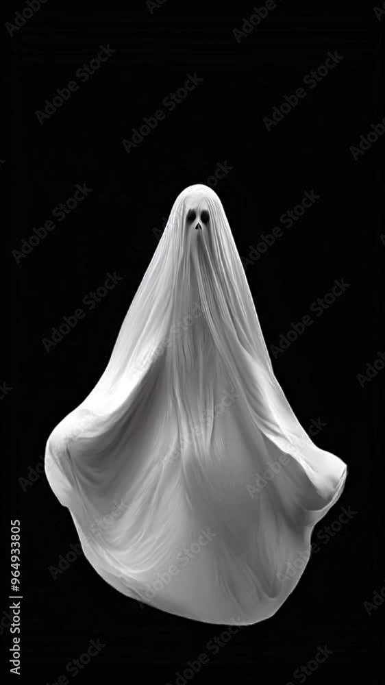 White scary ghost figure draped in white sheets with hollow black eyes. Spooky Halloween ...