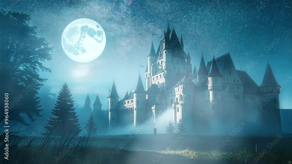 Under a full moon, a medieval castle emerges from the misty fog. Its ...