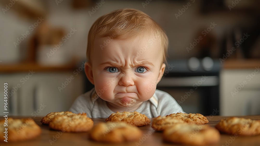 Crying Baby Sitting at a Table with Cookies in Front, Wearing Light ...