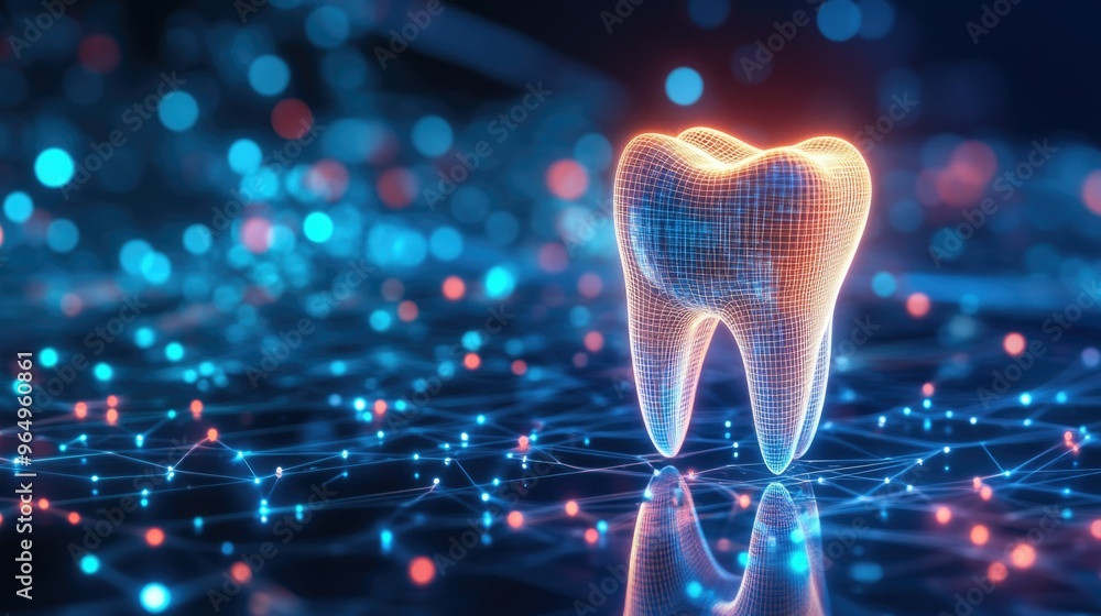 Digital rendering of a molar tooth depicted as a glowing, blue ...