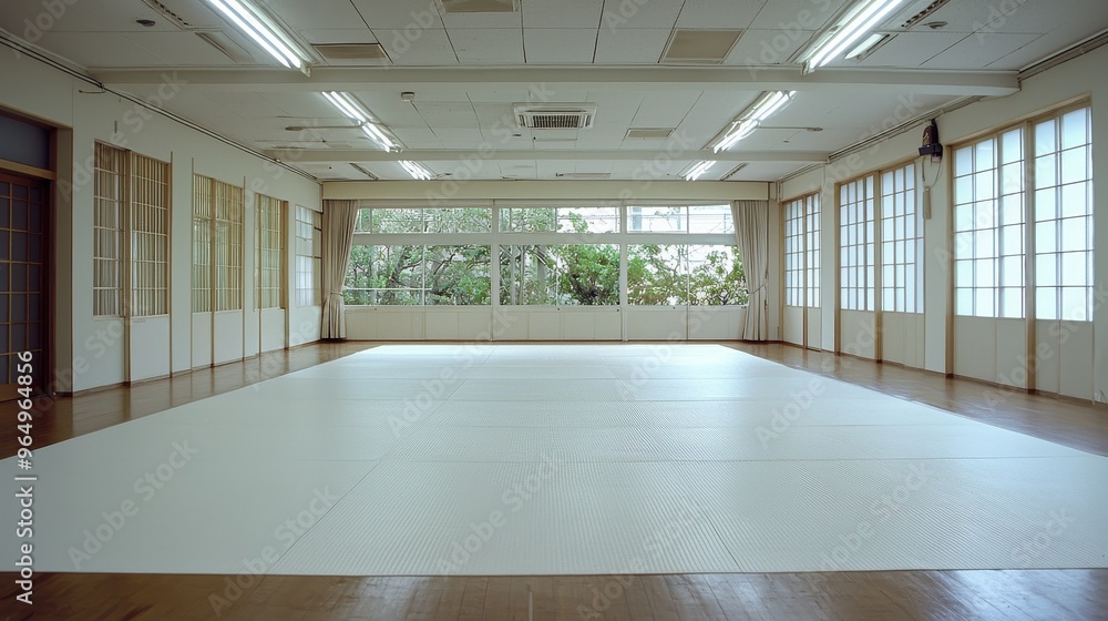 Empty Traditional Japanese Dojo Room with Tatami Mats and Large Windows ...