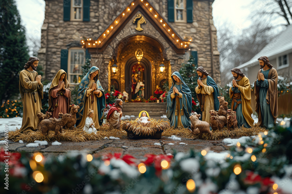 A nativity scene set up in front of a church, with figures of Mary ...
