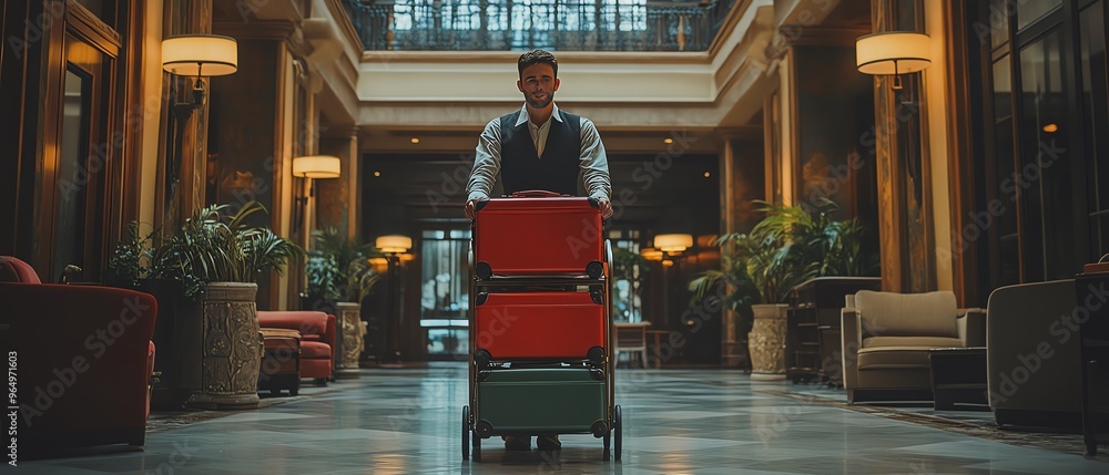 realistic portrayal of a hotel bellboy maneuvering a trolley stacked ...