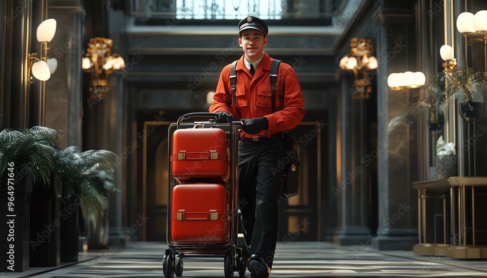 realistic scene of a bellboy pushing a trolley with suitcases in a ...