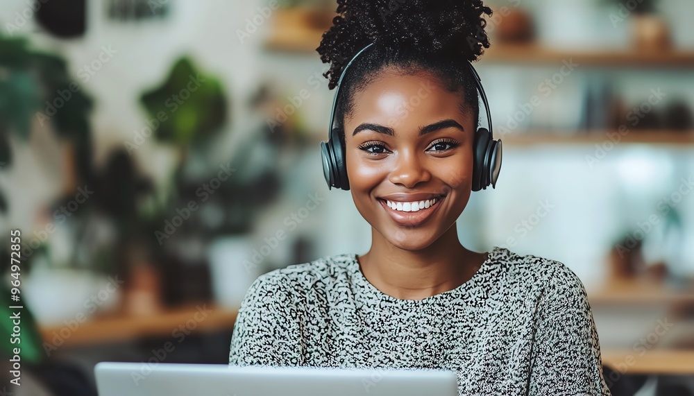 Remote customer service representative with a warm smile, using a ...