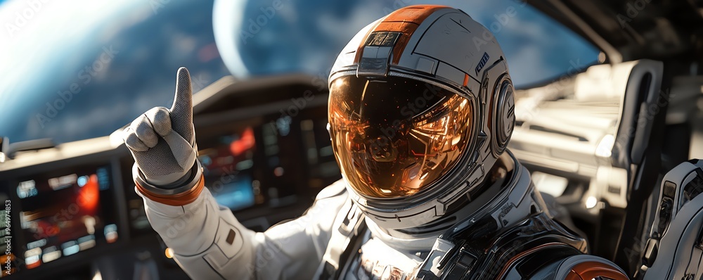 Scifi pilot in a sleek spacesuit, giving a twofinger salute, with a ...