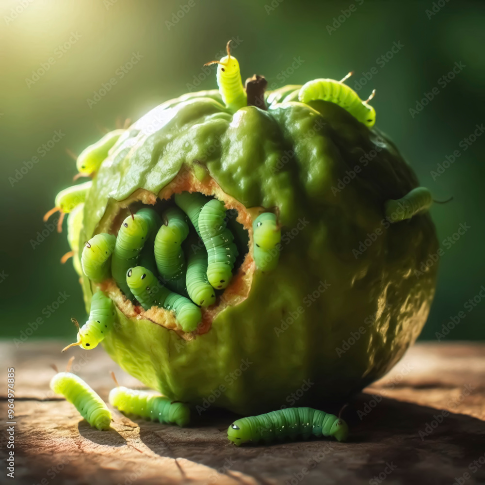 A group of small, green caterpillars are emerging from a ripe guava ...