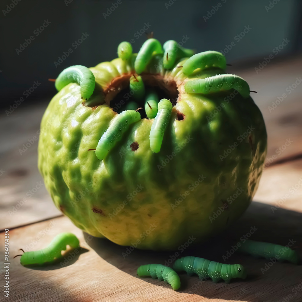 A group of small, green caterpillars are emerging from a ripe guava ...