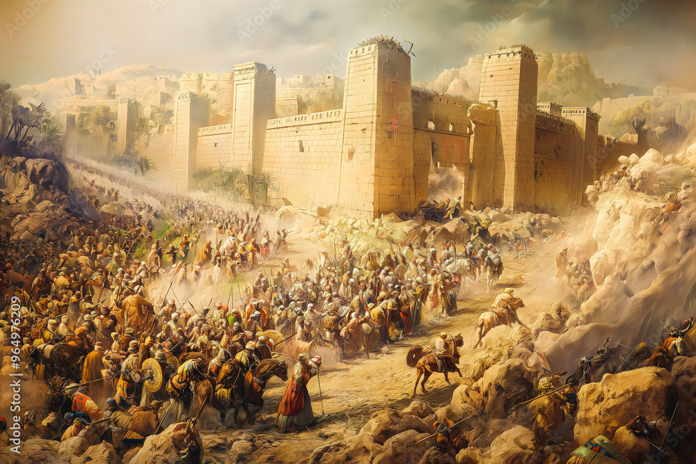 The Battle of Jericho. The walls of Jericho collapsing as the ...