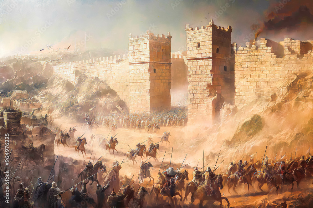 The Battle of Jericho. The walls of Jericho collapsing as the ...