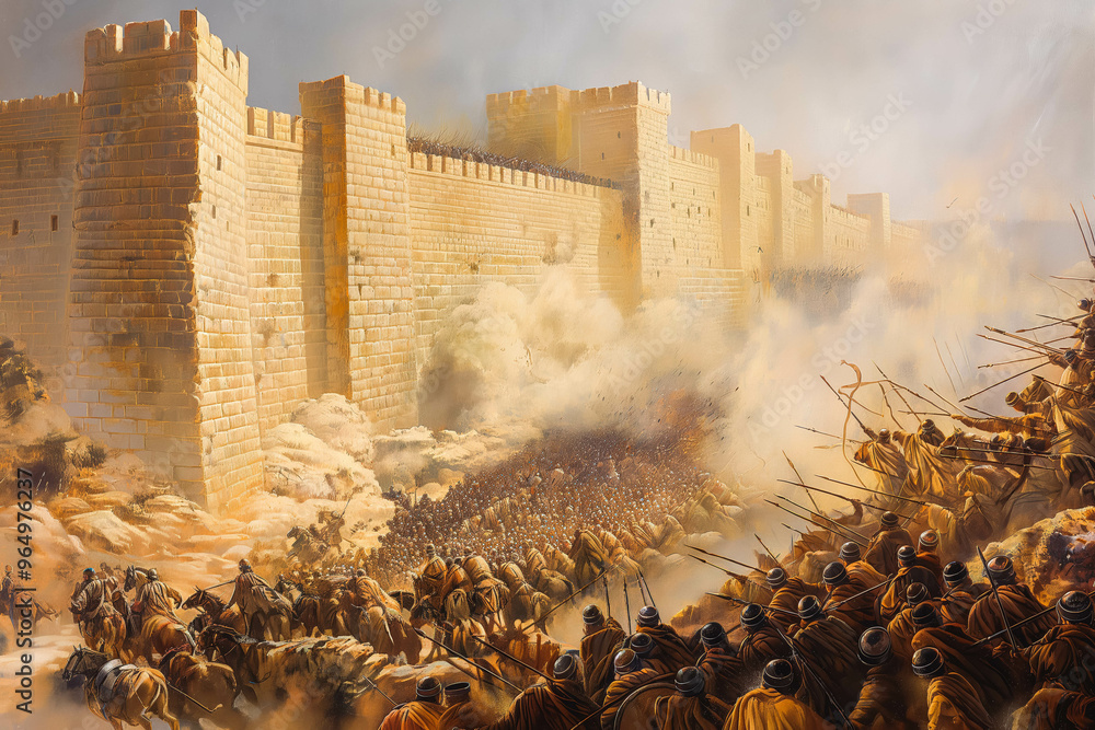 The Battle of Jericho. The walls of Jericho collapsing as the ...