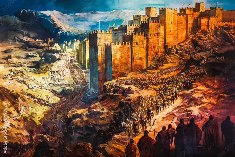 The Battle of Jericho. The walls of Jericho collapsing as the ...