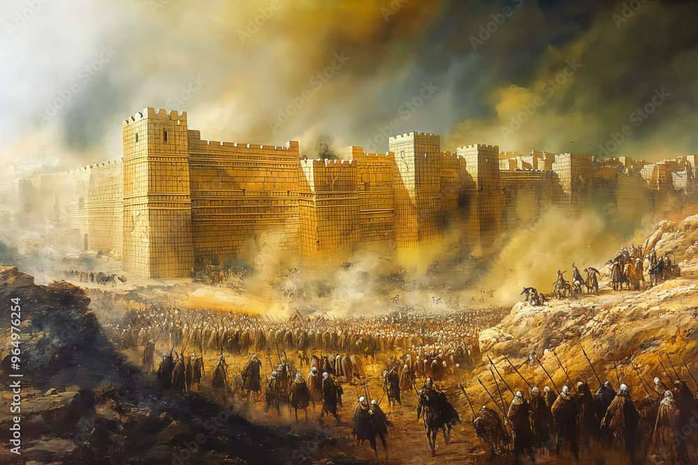 The Battle of Jericho. The walls of Jericho collapsing as the ...