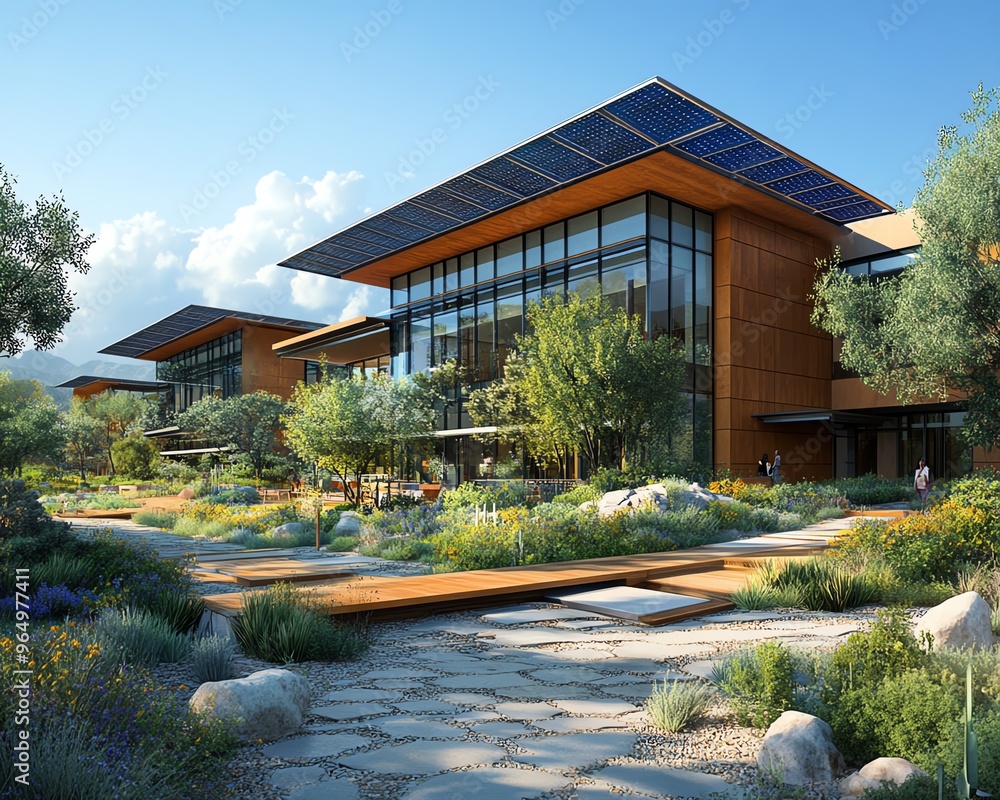 Green community center with sustainable architecture, including solar panels, rainwater ...