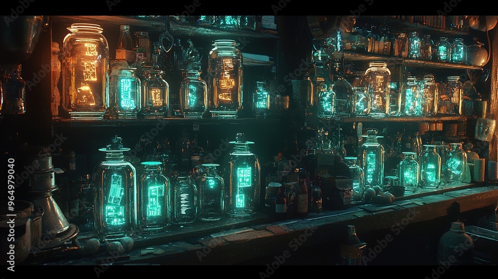 The image depicts a dimly-lit, cluttered workshop or laboratory filled ...